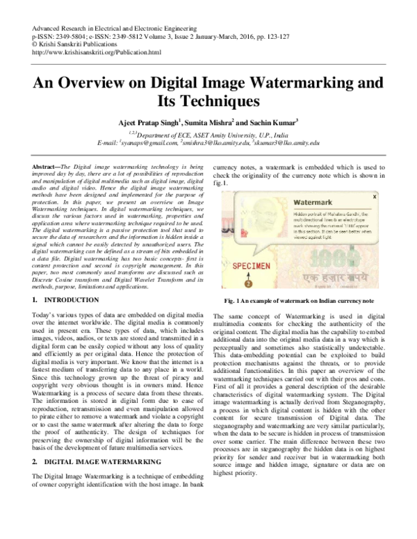 (PDF) An Overview on Digital Image Watermarking and Its Techniques
