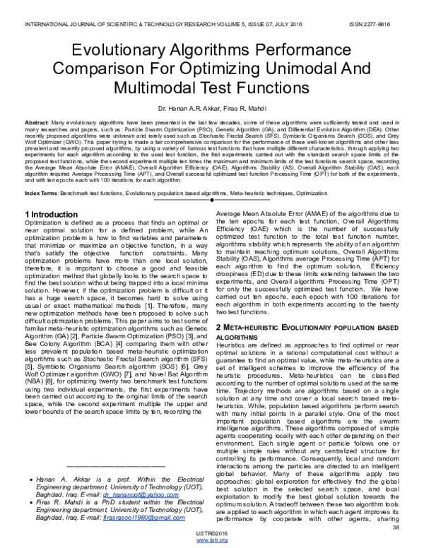 Pdf Evolutionary Algorithms Performance Comparison For Optimizing
