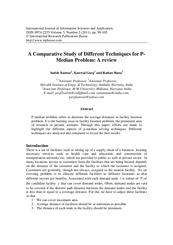(PDF) A Comparative Study of Different Techniques for P-Median Problem : A review