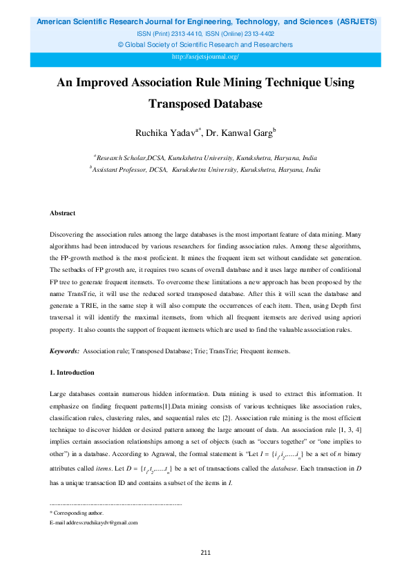 (PDF) An Improved Association Rule Mining Technique Using Transposed Database