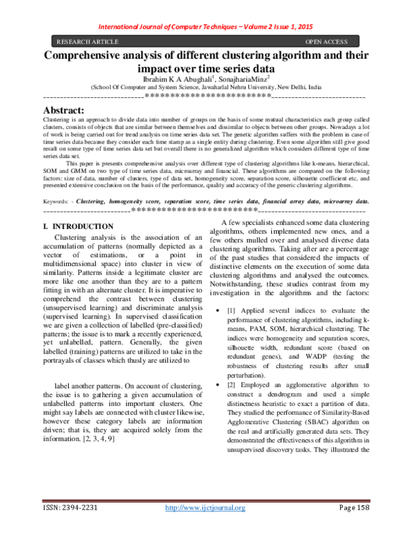 Pdf Comprehensive Analysis Of Different Clustering Algorithm And Their Impact Over Time Series