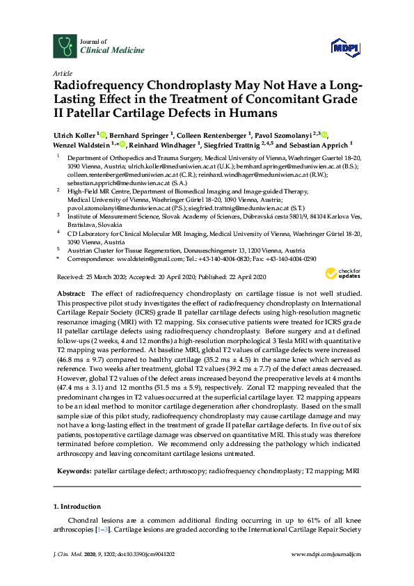 (PDF) Radiofrequency Chondroplasty May Not Have a Long-Lasting Effect ...