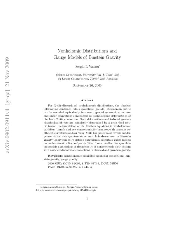 (PDF) Nonholomomic distributions and gauge models of Einstein gravity ...