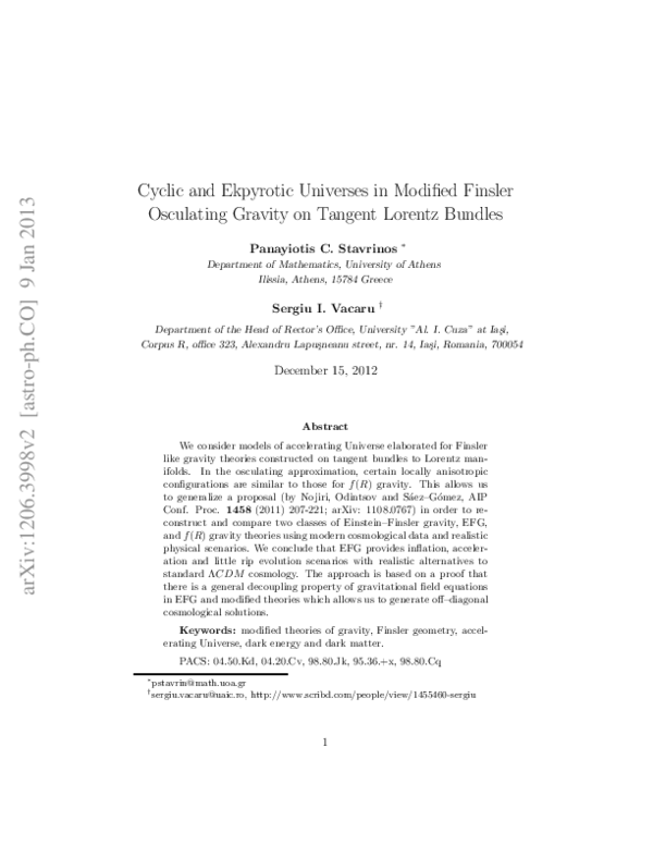 (PDF) 3 Cyclic and Ekpyrotic Universes in Modified Finsler Osculating ...