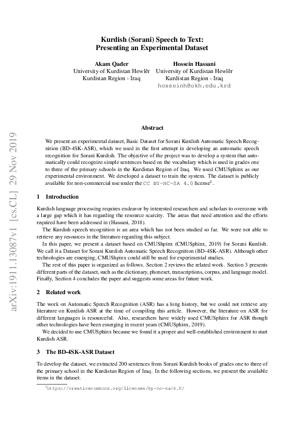 (PDF) Kurdish (Sorani) Speech to Text: Presenting an Experimental Dataset