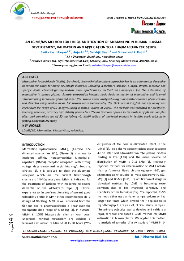 (PDF) Pharmaceutical Sciences AN LC-MS/MS METHOD FOR THE QUANTIFICATION OF MEMANTINE IN HUMAN ...