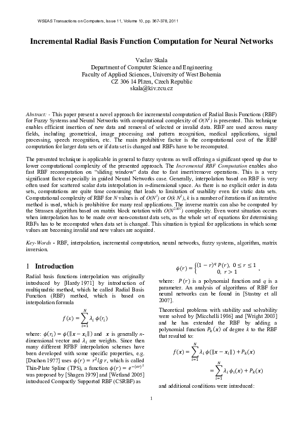 Pdf Incremental Radial Basis Function Computation For Neural Networks