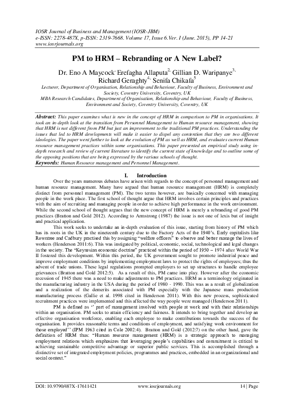 (PDF) PM to HRM – Rebranding or A New Label? | senifa chikafa ...