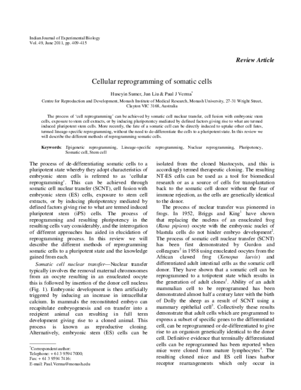 (PDF) Cellular reprogramming of somatic cells