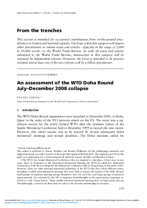 (PDF) An assessment of the WTO Doha Round July–December 2008 collapse