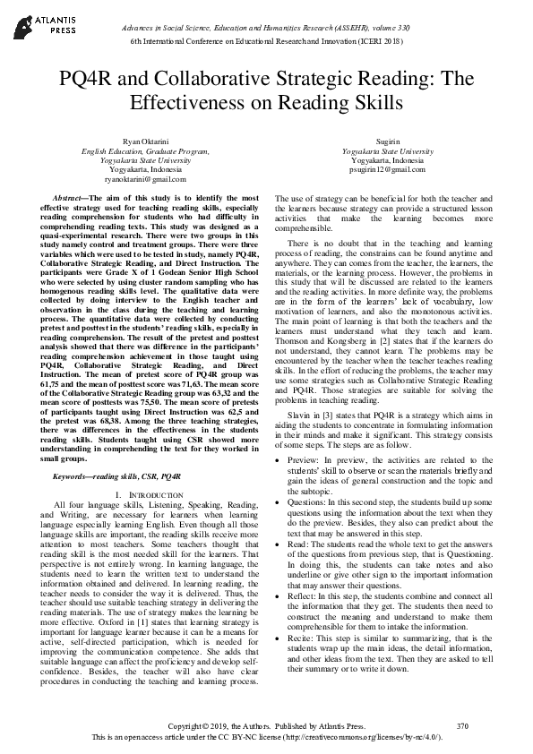 (PDF) PQ4R and Collaborative Strategic Reading: The Effectiveness on ...