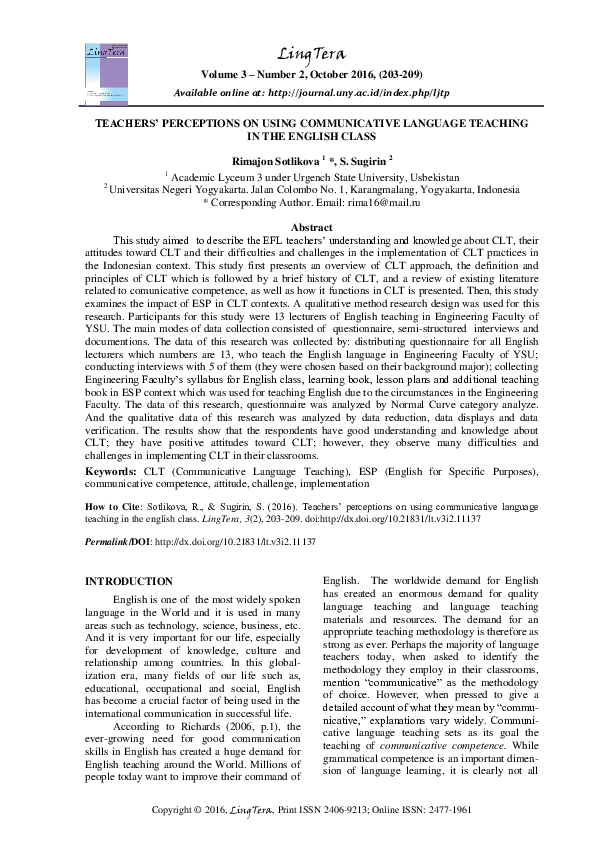 (PDF) Teachers’ Perceptions on Using Communicative Language Teaching in the English Class