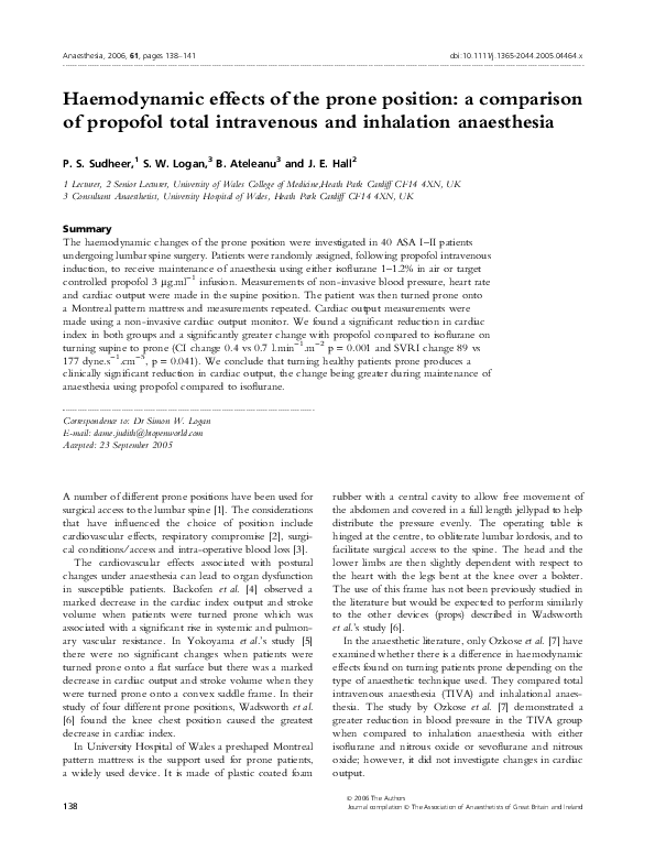 (PDF) Haemodynamic effects of the prone position: a comparison of propofol total intravenous and ...