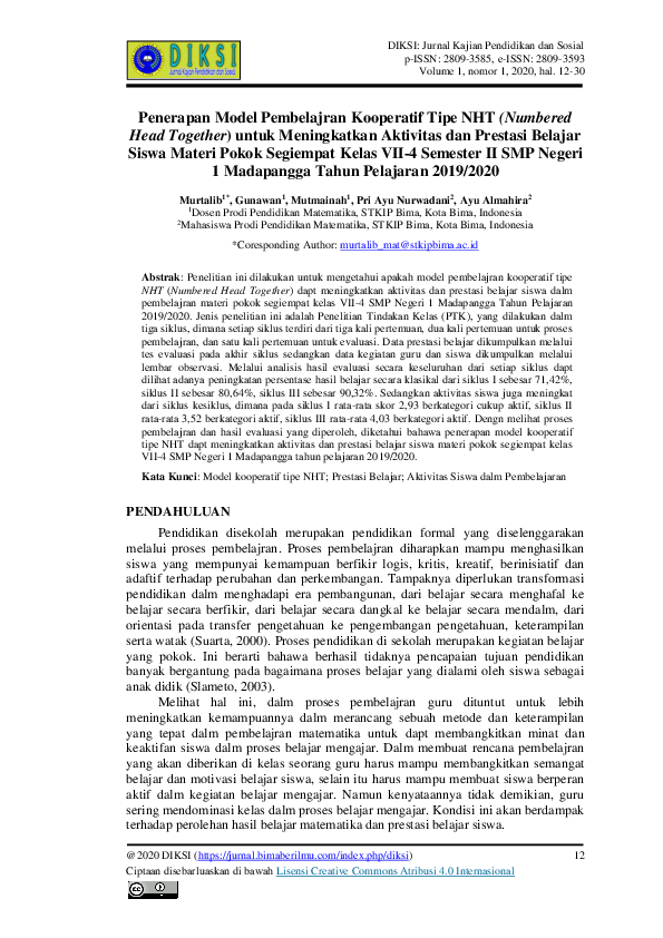 (PDF) Penerapan Model Pembelajran Kooperatif Tipe NHT (Numbered Head Together) untuk ...