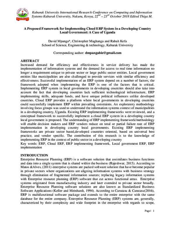 (PDF) A Proposed Framework for Implementing Cloud ERP System in a ...