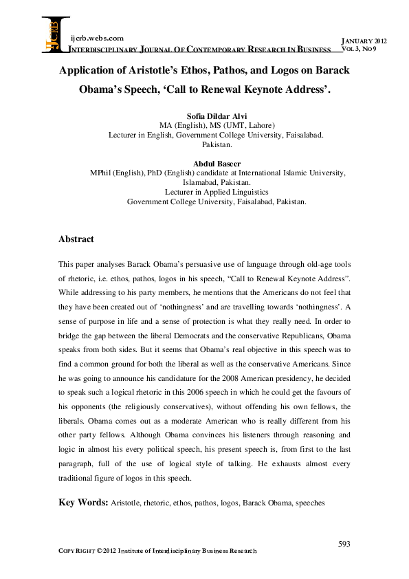 (PDF) Application of Aristotle's Ethos, Pathos, and Logos on Barack ...