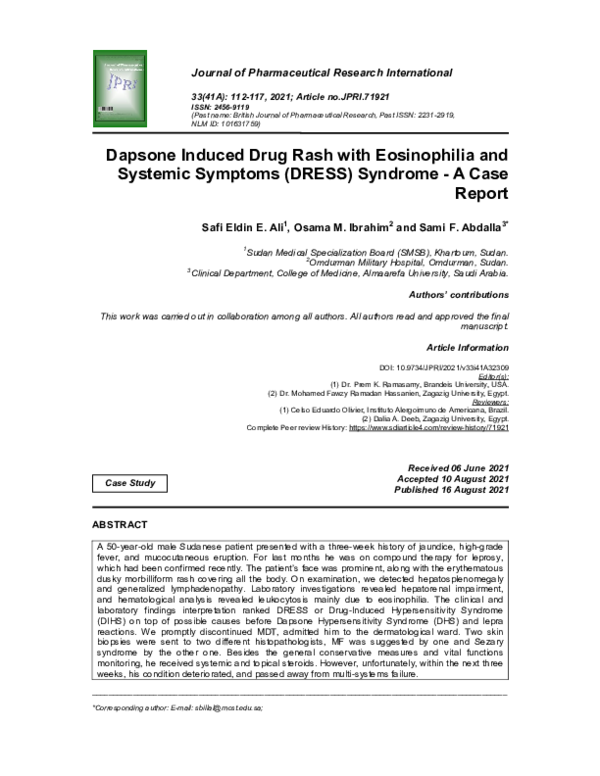 (PDF) Dapsone Induced Drug Rash with Eosinophilia and Systemic Symptoms ...