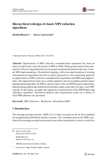 (PDF) Hierarchical redesign of classic MPI reduction algorithms