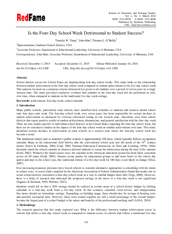 (PDF) Is the Four-Day School Week Detrimental to and Student Success?