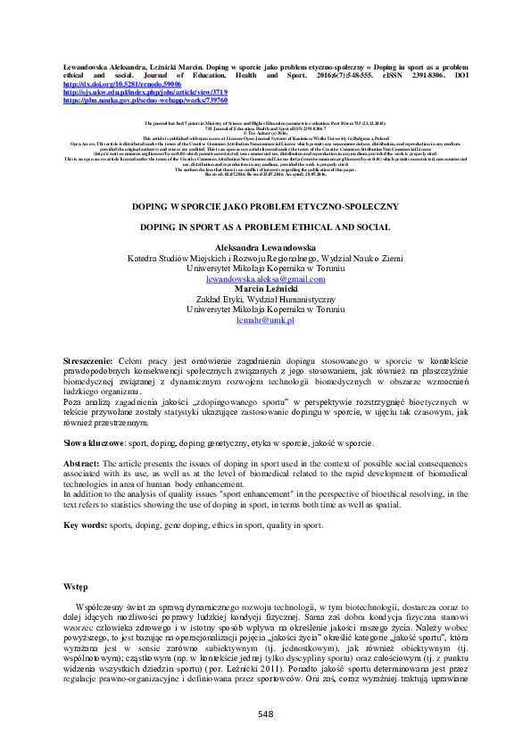 (PDF) Doping W Sporcie Jako Problem Etyczno-Społeczny = Doping In Sport ...