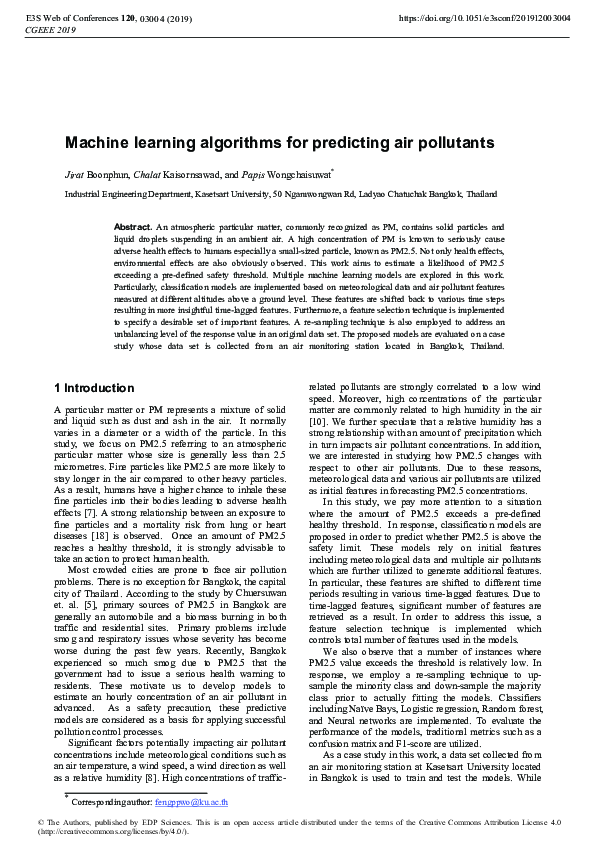 Pdf Machine Learning Algorithms For Predicting Air Pollutants Jirat