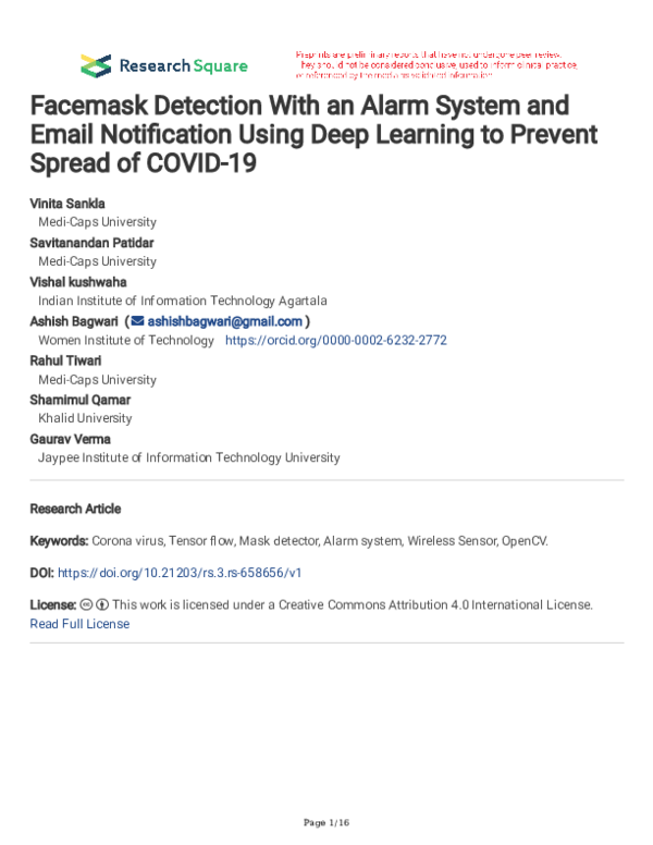 Pdf Facemask Detection With An Alarm System And Email Notification Using Deep Learning To