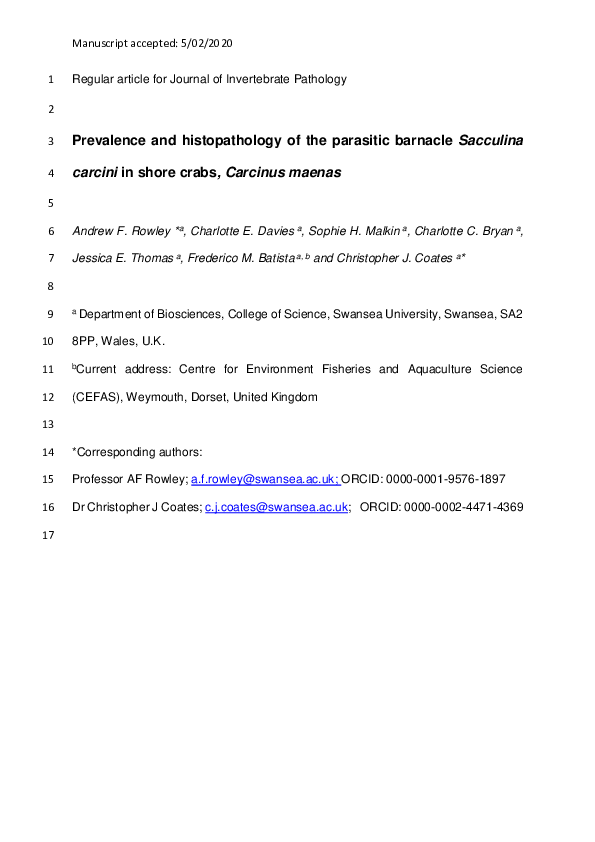 (PDF) Prevalence and histopathology of the parasitic barnacle ...
