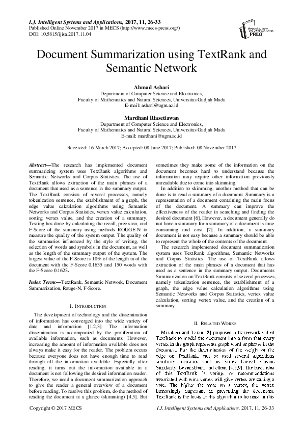 (PDF) Document Summarization using TextRank and Semantic Network