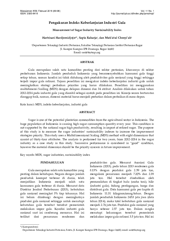 (PDF) Pengukuran Indeks Keberlanjutan Industri Gula