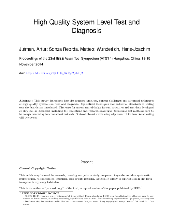 (PDF) High Quality System Level Test and Diagnosis