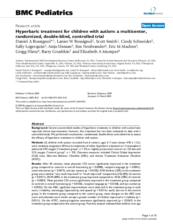 (PDF) BMC Pediatrics Hyperbaric treatment for children with autism: a ...