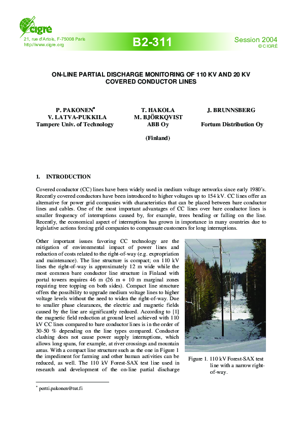 (PDF) On-Line Partial Discharge Monitoring of 110 KV and 20 KV Covered Conductor Lines