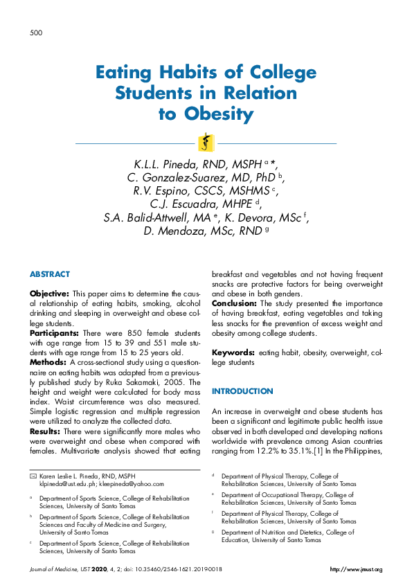 (PDF) Eating Habits of College Students in Relation to Obesity