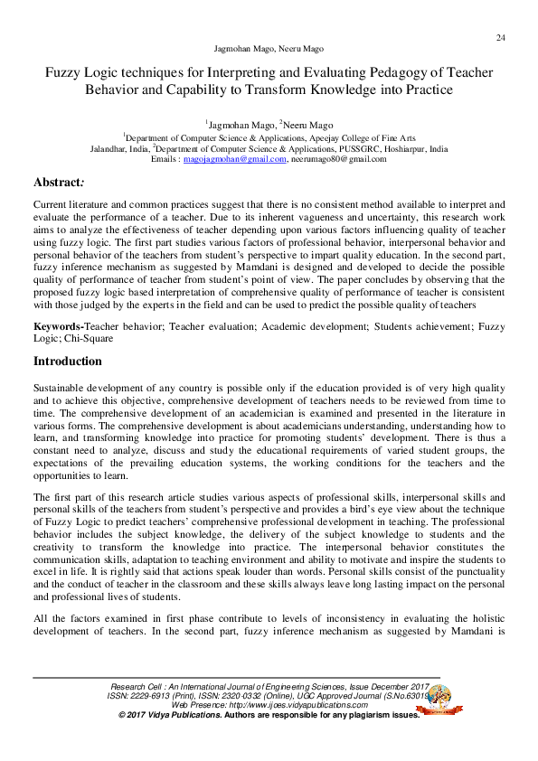 Pdf Fuzzy Logic Techniques For Interpreting And Evaluating Pedagogy Of Teacher Behavior And