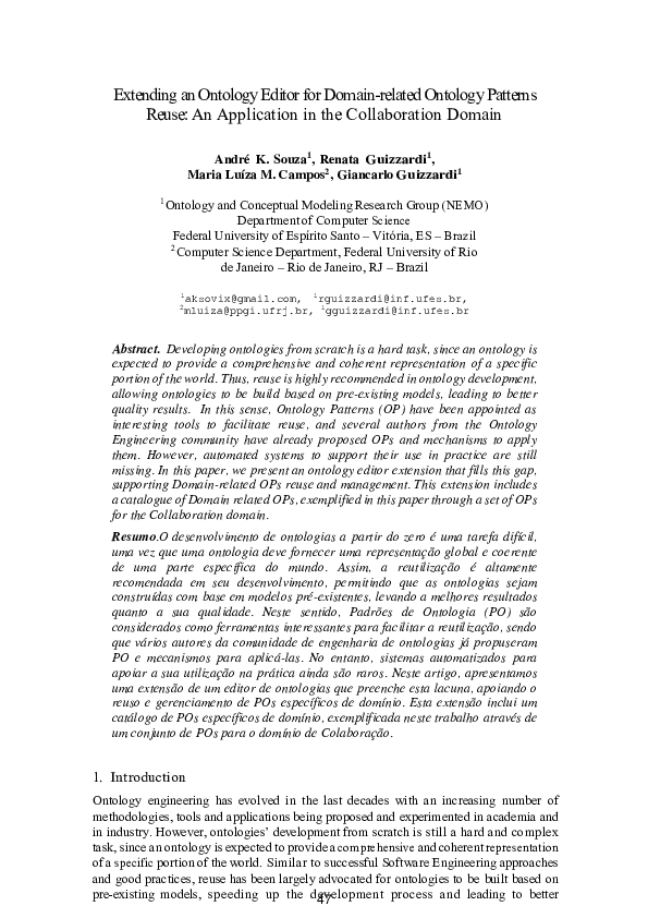Pdf Extending An Ontology Editor For Domain Related Ontology Patterns Reuse An Application In 