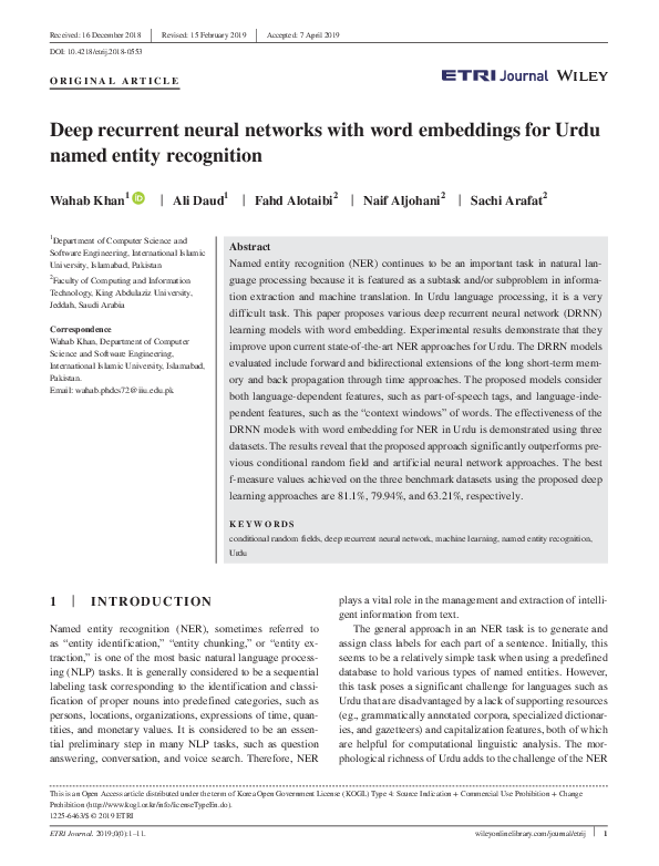 (PDF) Deep recurrent neural networks with word embeddings for Urdu named entity recognition