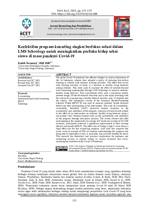 Keefektifan program konseling singkat berfokus solusi dalam LMS Schoology untuk meningkatkan ...