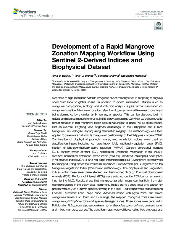 Pdf Development Of A Rapid Mangrove Zonation Mapping Workflow Using Sentinel 2 Derived Indices
