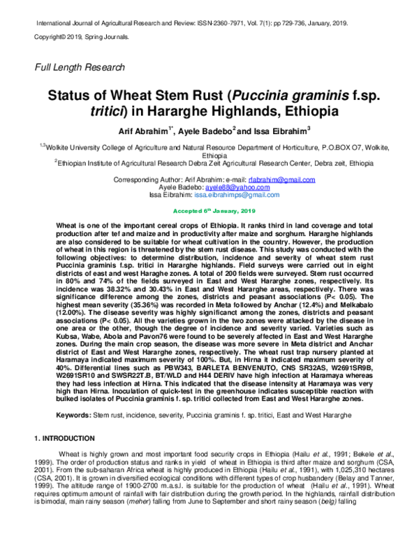 (PDF) Status of Wheat Stem Rust (Puccinia graminis f.sp. tritici) in ...