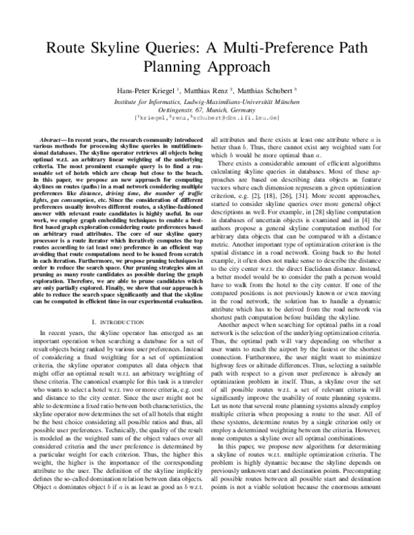 (PDF) Route skyline queries: A multi-preference path planning approach