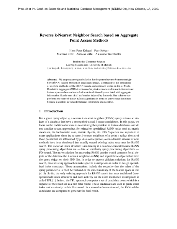 (PDF) Reverse k-Nearest Neighbor Search Based on Aggregate Point Access Methods