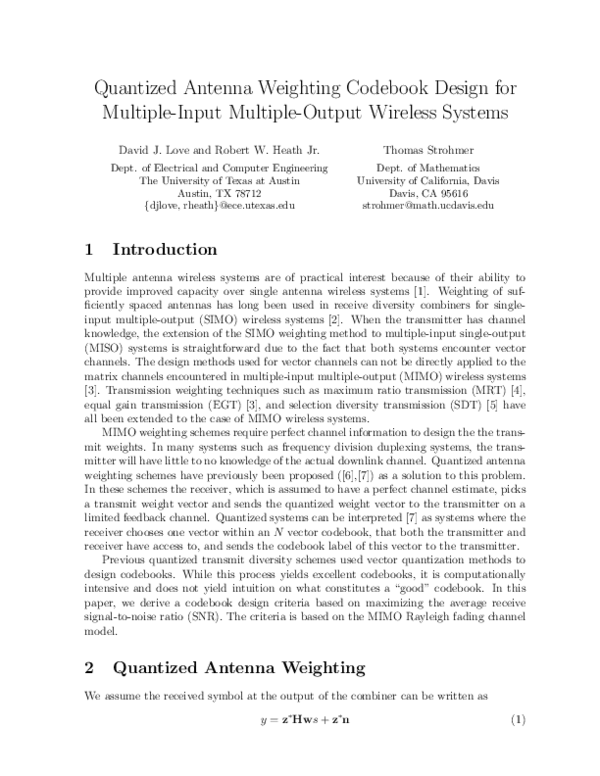 Pdf Quantized Antenna Weighting Codebook Design For Multiple Input