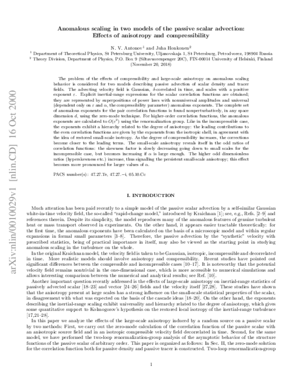 (PDF) Anomalous scaling in two models of passive scalar advection: Effects of anisotropy and ...