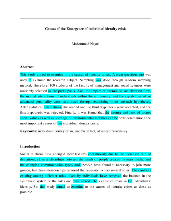 (PDF) Causes of the Emergence of individual identity crisis - Mohammad ...