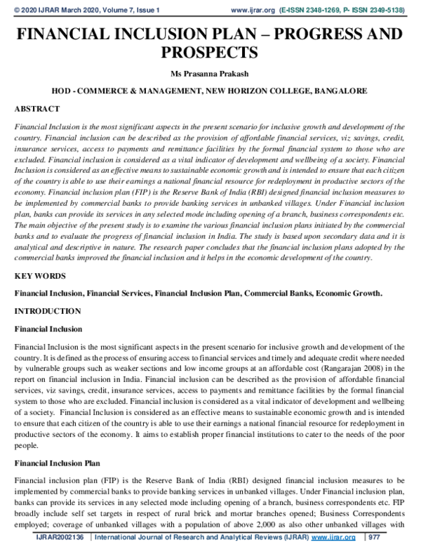 (PDF) Financial Inclusion Plan – Progress and Prospects