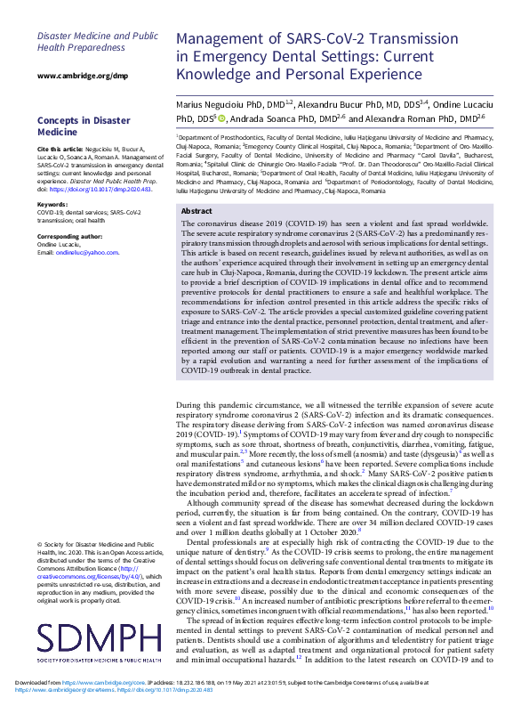 (PDF) Management of SARS-CoV-2 Transmission in Emergency Dental ...
