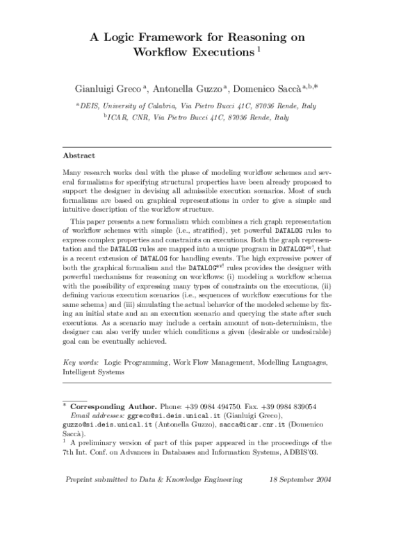 Pdf A Logic Framework For Reasoning On Workflow Executions