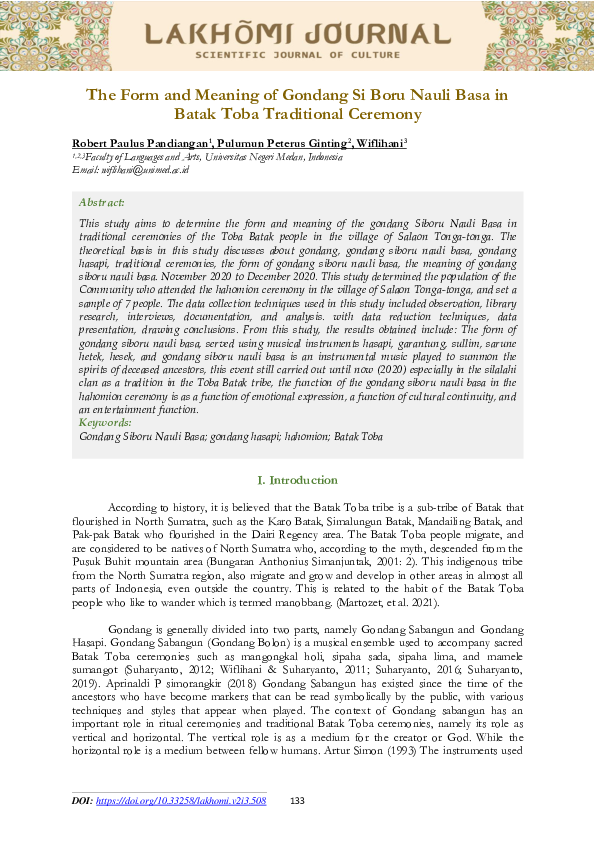 (PDF) The Form and Meaning of Gondang Si Boru Nauli Basa in Batak Toba ...