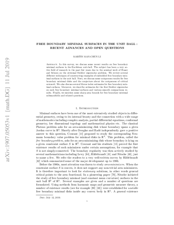 (PDF) Free boundary minimal surfaces in the unit ball : recent advances ...