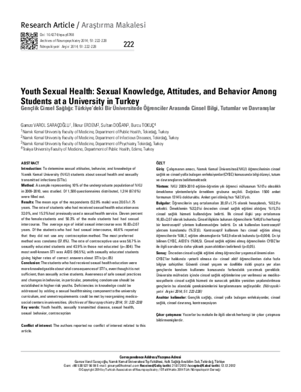 (PDF) Youth Sexual Health: Sexual Knowledge, Attitudes, and Behavior